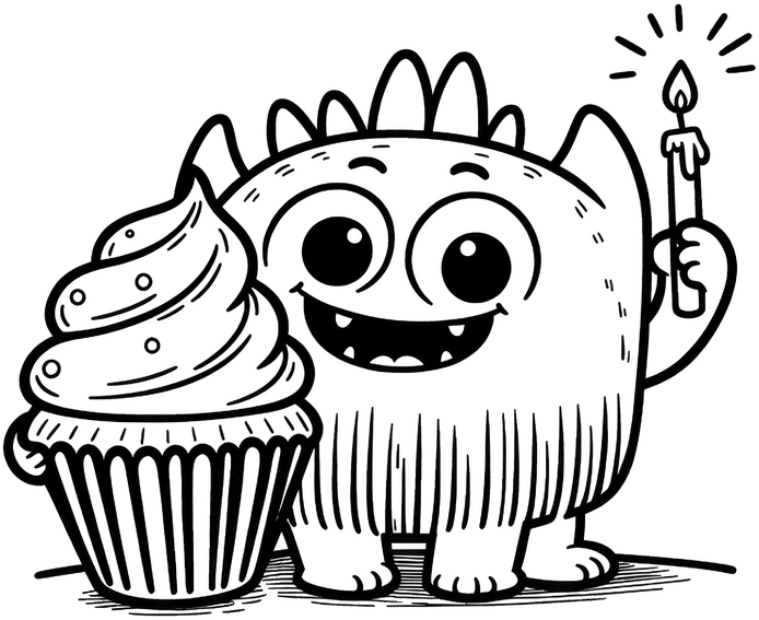 Malvorlage Monster mit Cupcake und Kerze - Malvorlagen24.de